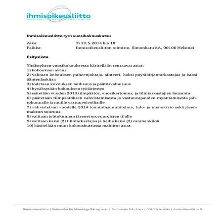 Ihmisoikeusliiton vuosikokous: Vuosikokouskutsu | PDF