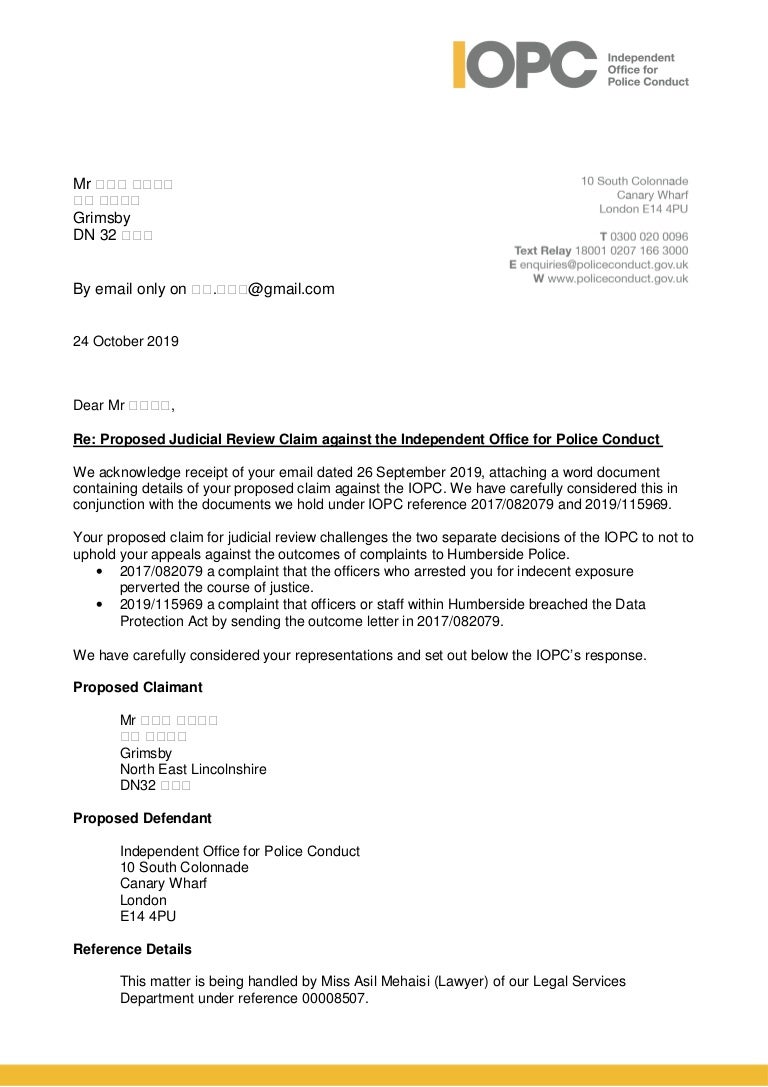Iopc Response Letter Before Action 24 Oct 19 Iopc Response Letter Before Action 24 Oct 19