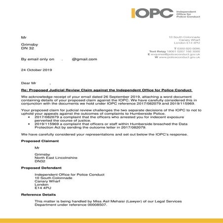 Iopc response letter before action 24 oct 19 | PDF