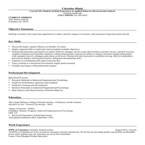 Christine Hinds Resume with Industrial/Organizational Psychology MA ...