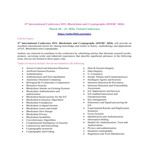 4th International Conference IOT, Blockchain and Cryptography (IOTBC ...