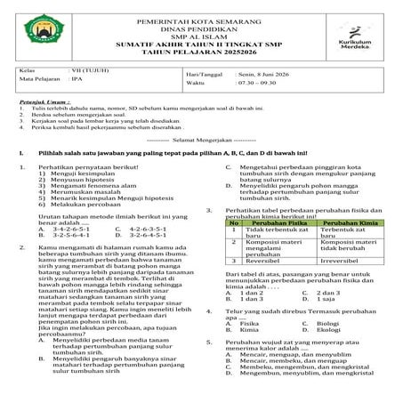 Ujian Sumatif IPA Kelas VII SMP Al Islam Semarang Tahun 2025/2026 | DOCX