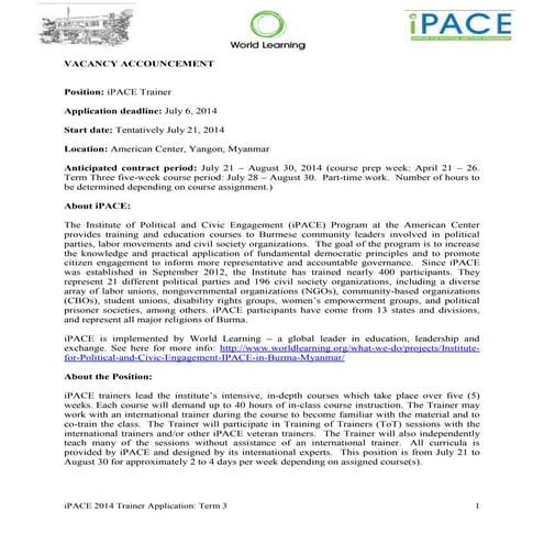 I pace term three 2014 trainer position announcement and application ...