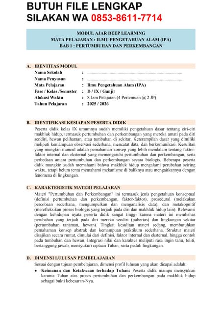 Modul Ajar Pembelajaran Mendalam IPA Kelas 9 Terbaru 2025 | DOCX