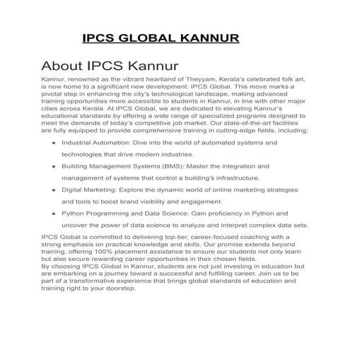 "IPCS Global Kannur: Excellence in Training" | PDF