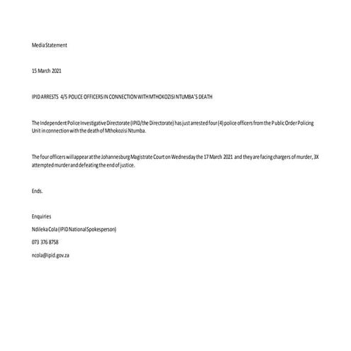 IPID Statement on Mthokozisi Ntumba | PPT