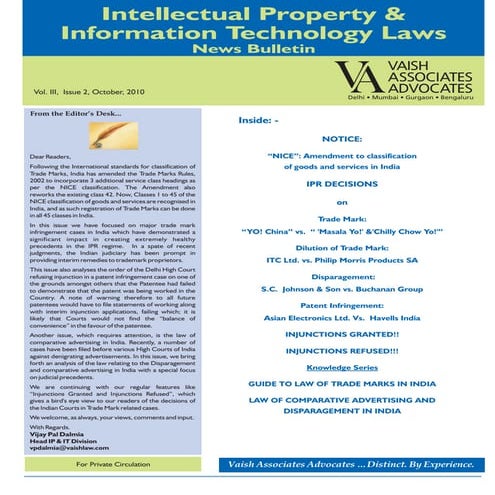 Ip It Laws Newsletter October 2010 Vaish Associates India | PDF