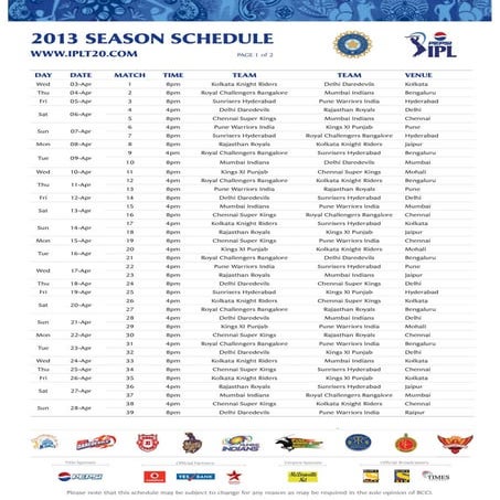 Ipl 2013 schedule | PDF