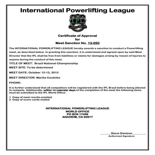 IPL sanction certificate for the Brazilian National Championship | PDF