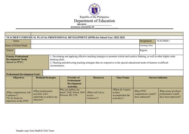 template form 1 School plan for Professional development (SPPD) Program ...