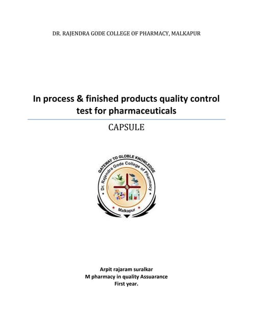 IPQC Tests for capsules As per IP, BP & USP | PPT