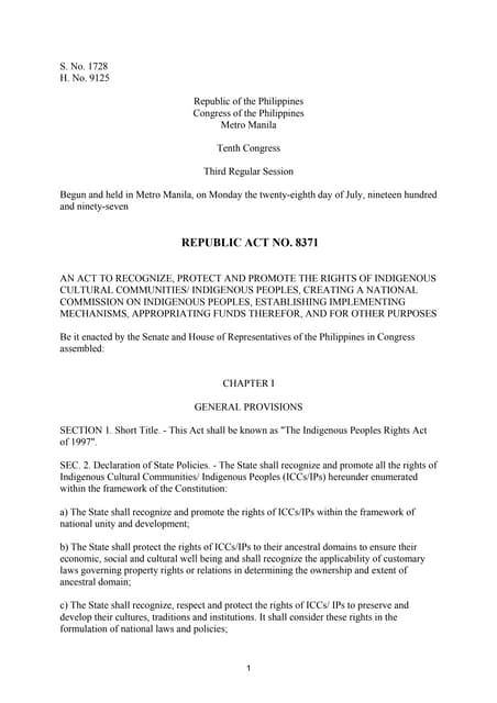 Salient Features of the RA 8371 or Indigenous Peoples Republic Act of ...