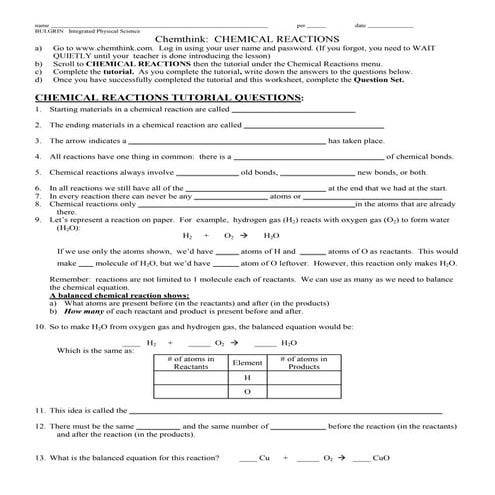 Chemical Reactions Worksheet Pdf