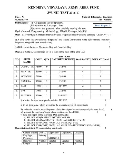 IP Sample paper 2 Class XI | PDF