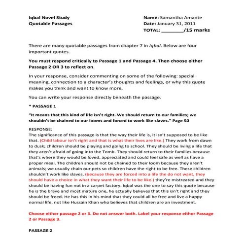 Iqbal novel study passages quiz Samantha Amante | DOCX