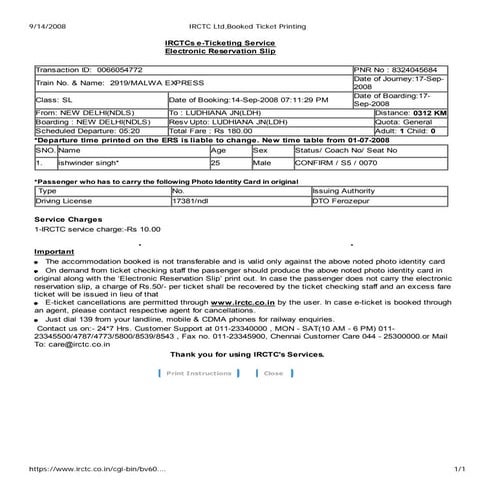 Irctc Ltd,Booked Ticket Printing | PDF