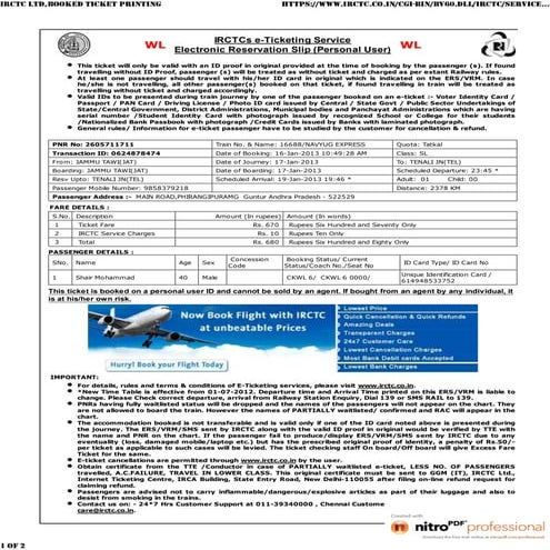Irctc ltd,booked ticket printing | PDF