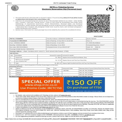 Irctc ltd,booked ticket printing | PDF