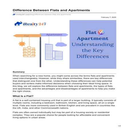 Key Difference Between Flats and Apartments - iRealty247 | PDF