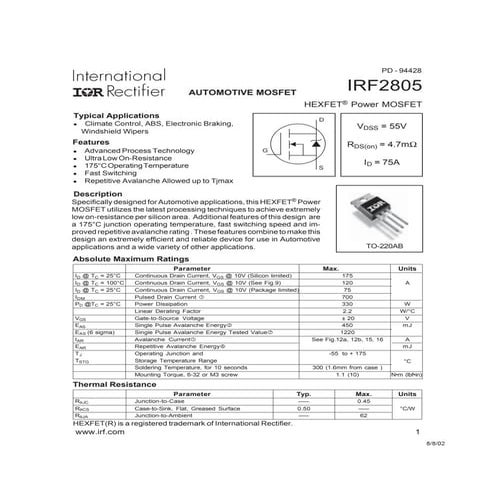 Original N-Channel Mosfet IRF2805 2805 55V 75A TO-220 New IR | PDF