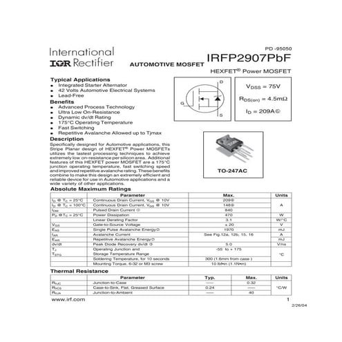 Original N-Channel Mosfet IRF2907ZPBF 2907 75V 170A TO-220 New IR | PDF