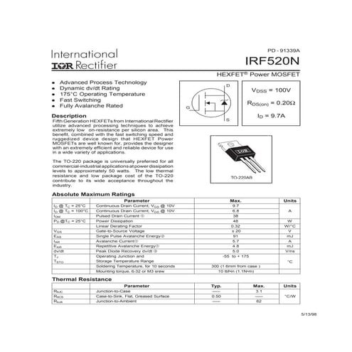 Original N-Channel Mosfet IRF520N 520 100V 9.2A TO-220 New IR | PDF