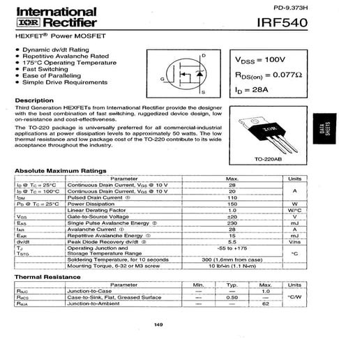 Original MOSFET N-CHANNEL IRF540 IRF540N TO-220 33A 100V New | PDF