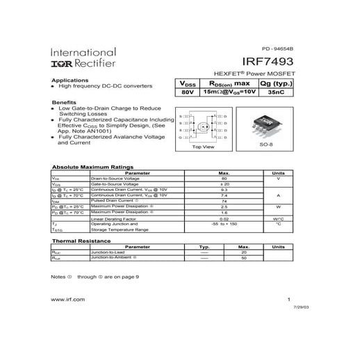 Original Mosfet IRF7493TRPBF IRF7493 F7493 7493 SOP-8 New IR | PDF