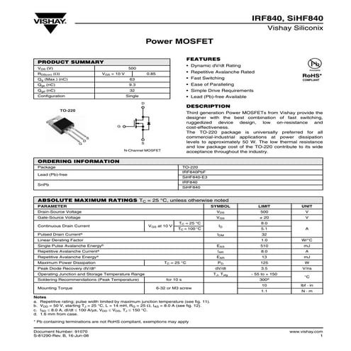 Original Mosfet N-CHANNEL IRF840 TO-220 500V 8A New | PDF