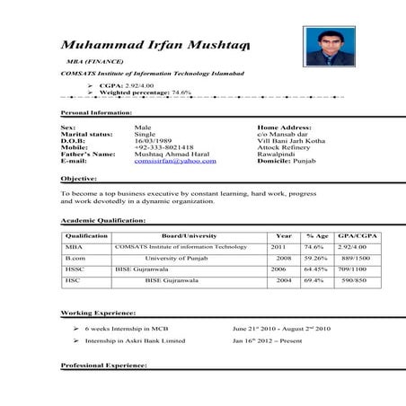 Irfan mushtaq cv | DOC | Business | Business and Finance