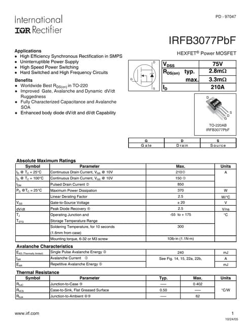 Mosfet N-Channel F2907ZS 2907 IRF2907Z 75V 75A TO-263 New IR | PDF