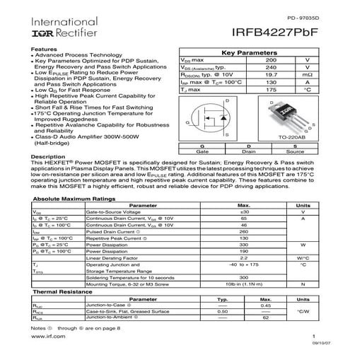 Original N-CHANNEL Mossfet IRFB4227PBF IRFB4227 4227 130A 200V TO-220 ...