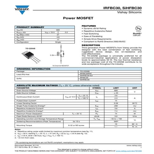Original N-Chanel Mosfet IRFBC30 IRFBC 600v 3.6A TO-220 New STMicroelectronics | PDF | Consumer ...