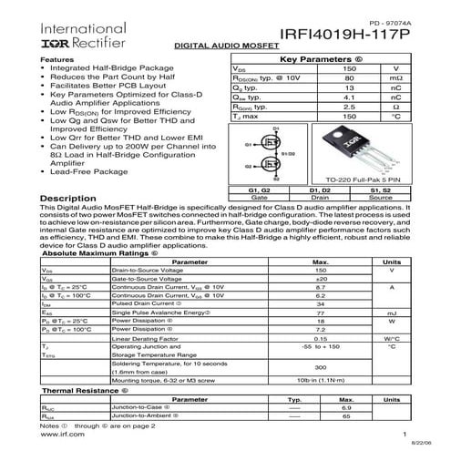 Original N-Channel Mosfet IRFI4019H-117P 4019 8A 150V TO-220 New | PDF