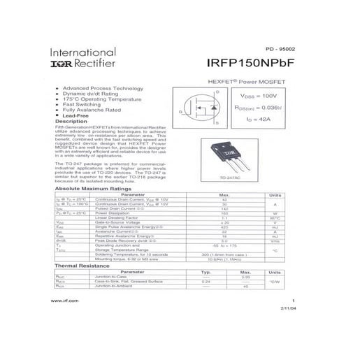 Original Power MOSFET IRFP150NPBF IRFP150N IRFP150 150N 100V 42A TO-247 New International ...