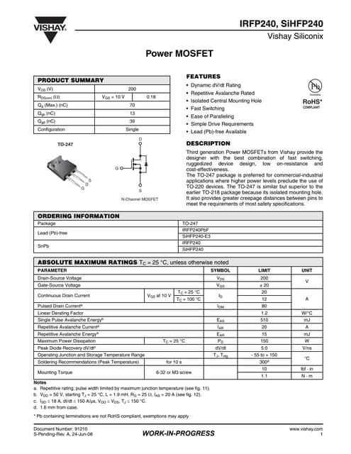 Original N-Channel Mosfet IRFUC20PBF 600V 2A TO-251 New Vishay | PDF