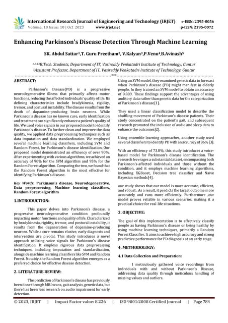 Enhancing Parkinson's Disease Detection Through Machine Learning | PDF Enhancing Parkinson's Disease Detection Through Machine Learning | PDF