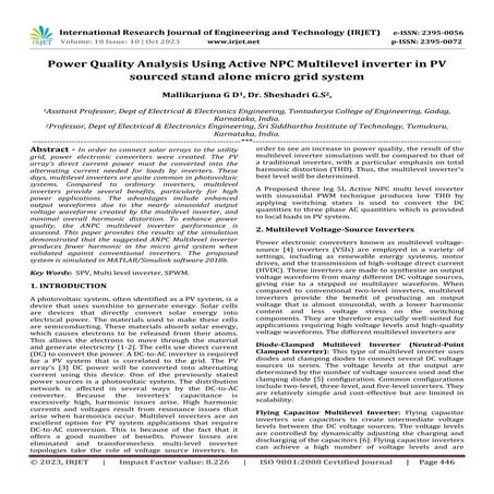 Power Quality Analysis Using Active NPC Multilevel inverter in PV sourced stand alone micro grid ...