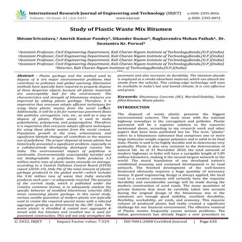 Study of Plastic Waste Mix Bitumen | PDF