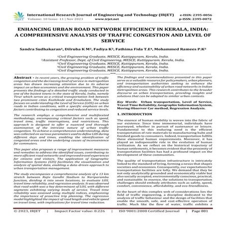 Enhancing Urban Road Network Efficiency In Kerala India A