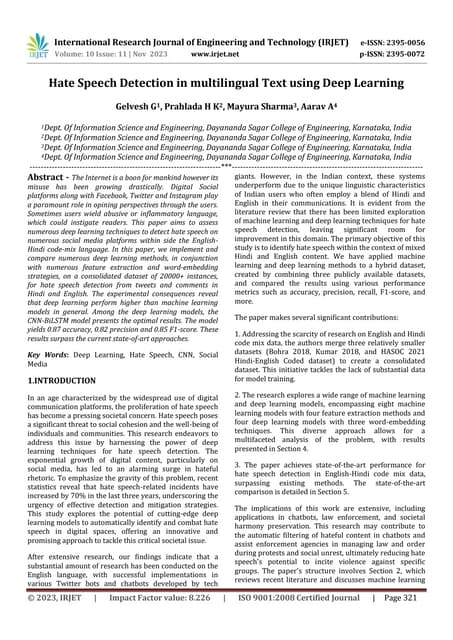 Hate Speech Detection In Multilingual Text Using Deep Learning Pdf