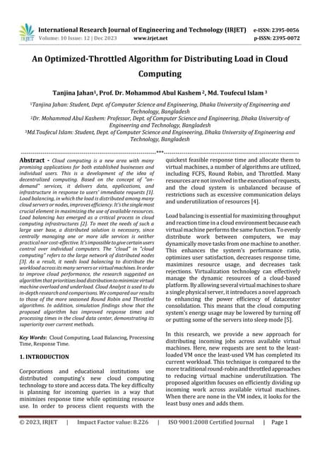 An Optimized Throttled Algorithm For Distributing Load In Cloud 0966