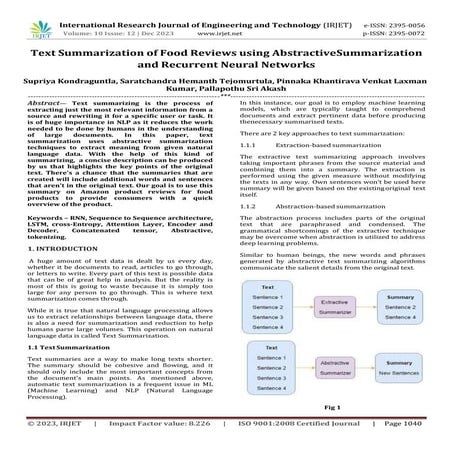 Text Summarization Of Food Reviews Using Abstractivesummarization And Recurrent Neural Networks