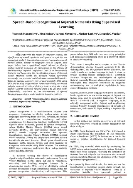 Speech Based Recognition Of Gujarati Numerals Using Supervised Learning Pdf