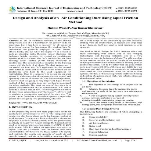 Design and Analysis of an Air Conditioning Duct Using Equal Friction ...
