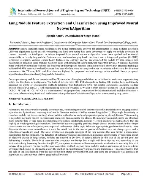 Lung Nodule Feature Extraction And Classification Using Improved Neural Networkalgorithm Pdf
