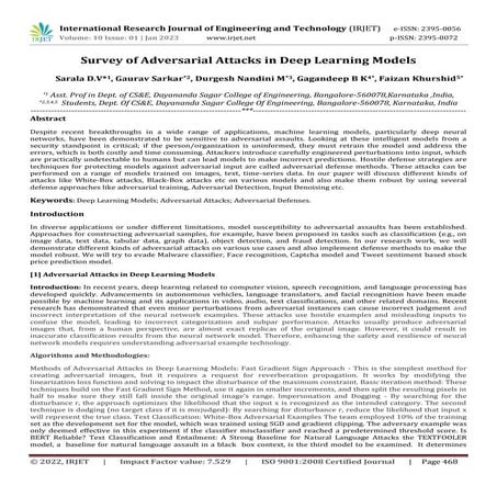 Survey Of Adversarial Attacks In Deep Learning Models Pdf