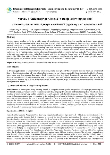 Survey Of Adversarial Attacks In Deep Learning Models Pdf