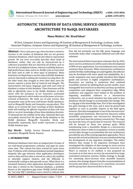 Automatic Transfer Of Data Using Service Oriented Architecture To Nosql