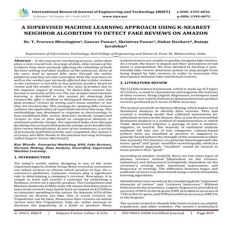 A SUPERVISED MACHINE LEARNING APPROACH USING K-NEAREST NEIGHBOR ALGORITHM TO DETECT FAKE REVIEWS ...